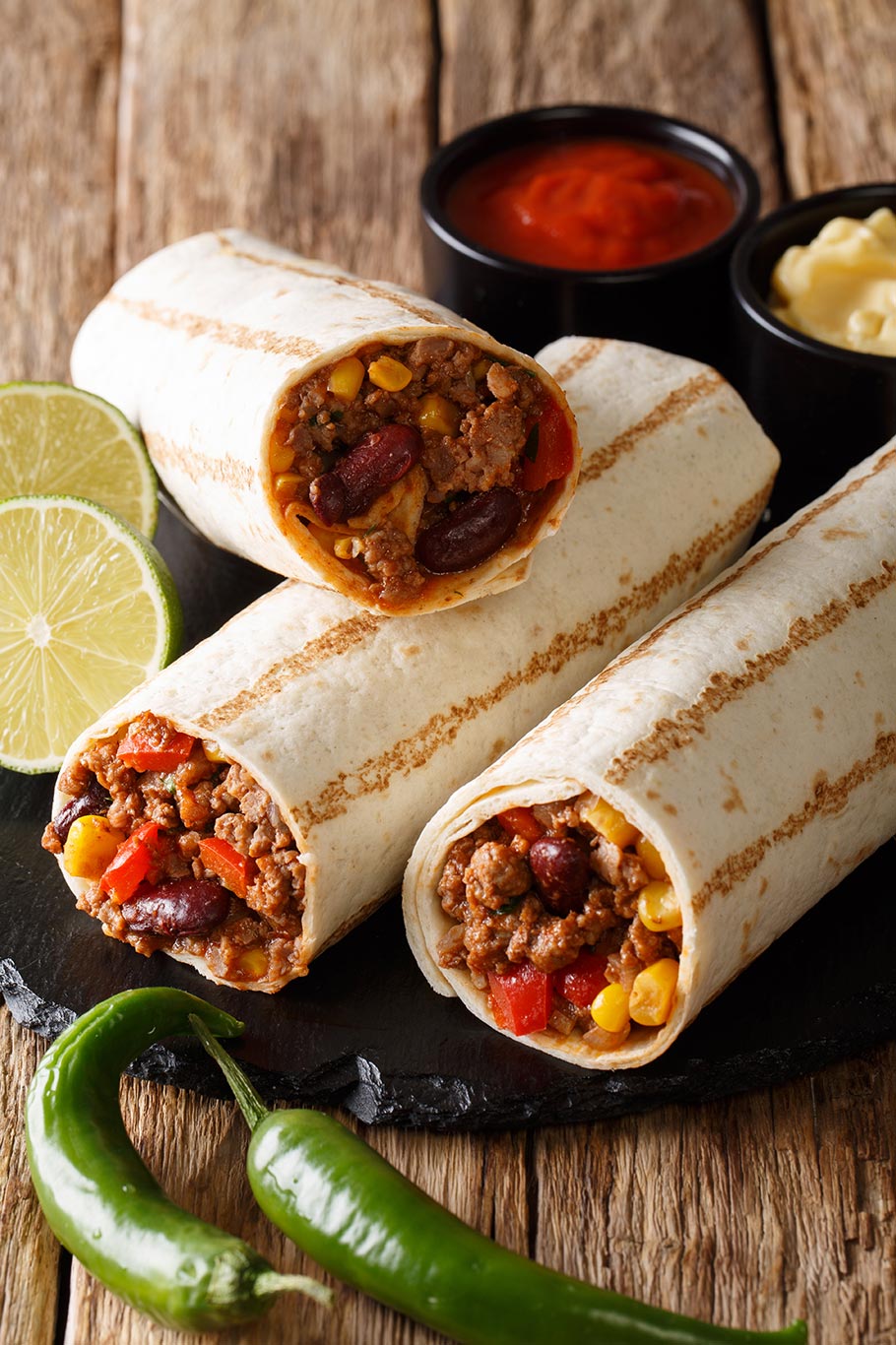 Burritos mexicanos, receta tradicional con carne picada y frijoles